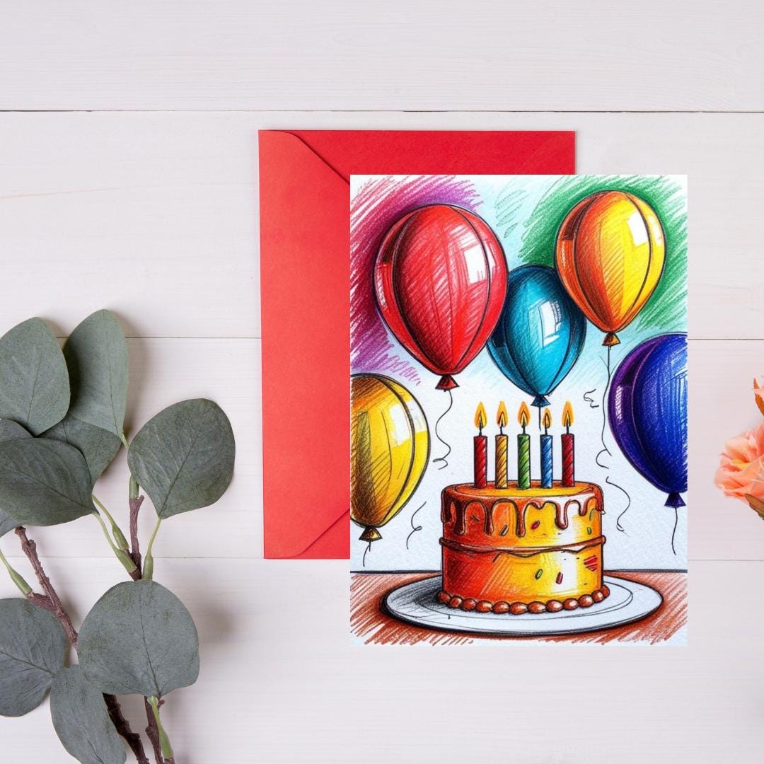 Hand Drawn Birthday Card Cake Balloons Birthday Card Greeting Birthday ...