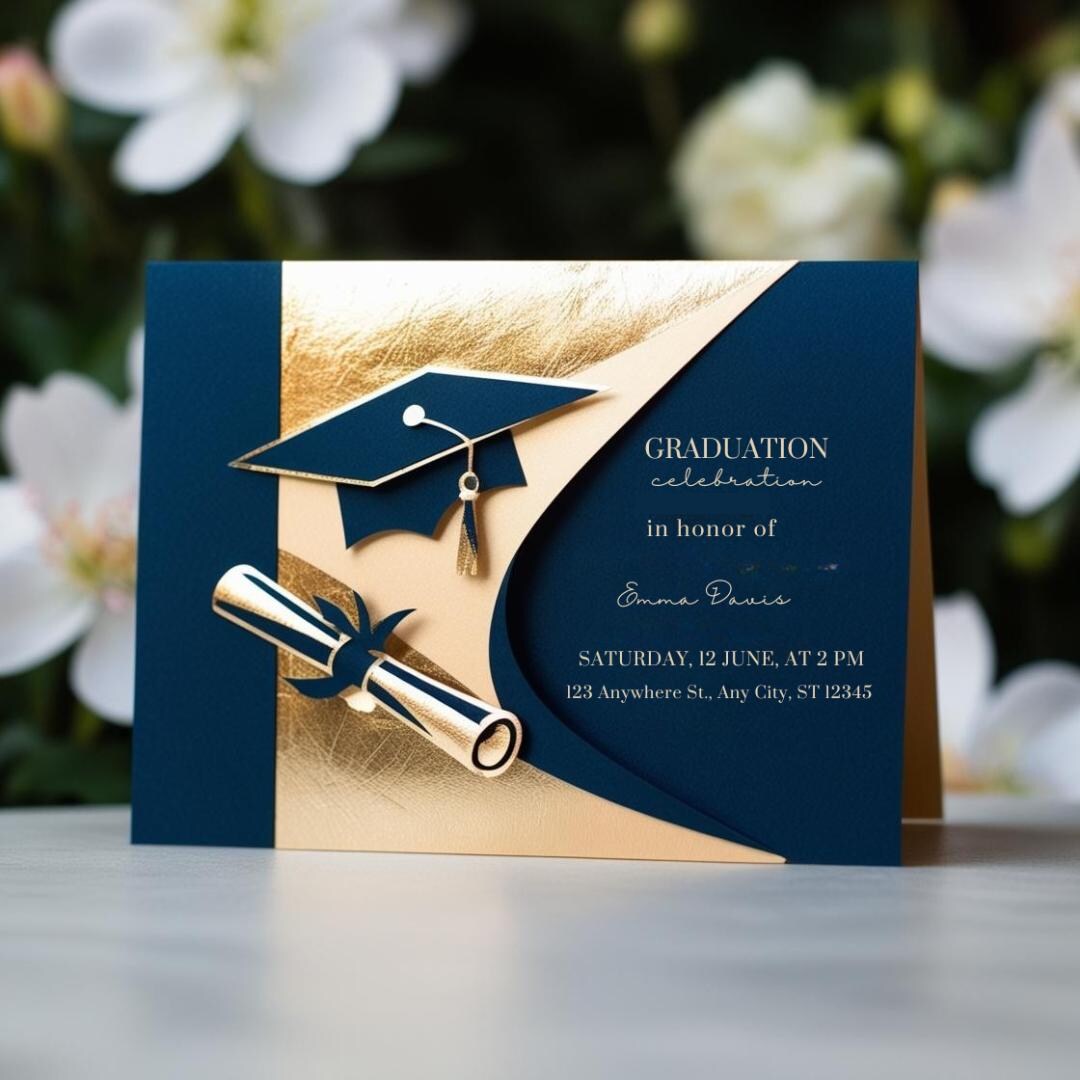 Dark Blue Graduation Invitation With Gold Foil Elegant Customizable ...