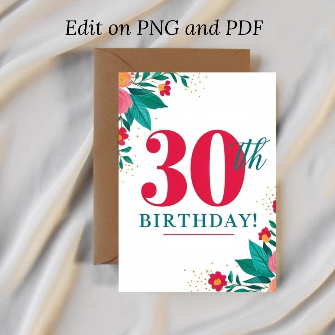 30th Birthday Card Template Party Greeting Card Milestone Event Decor ...