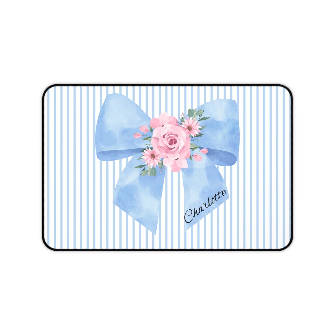 Cottage Chic Desk Mat, Blue Stripes & Pink Bow Office Desk Accessory ...