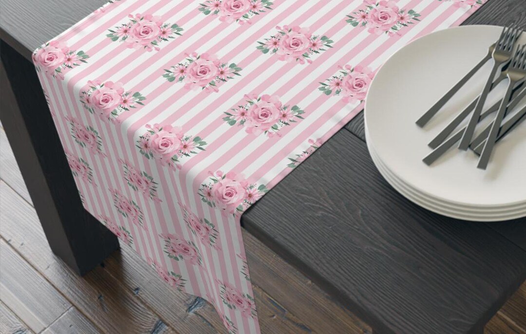 Pink Striped Table Runner, Pink Roses Floral Pattern, Cottage Chic ...