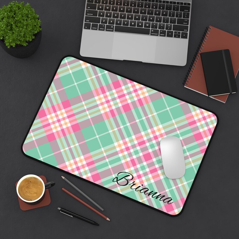 Personalized Pink Plaid Desk Mat, Preppy Desk Accessory, Large Computer ...