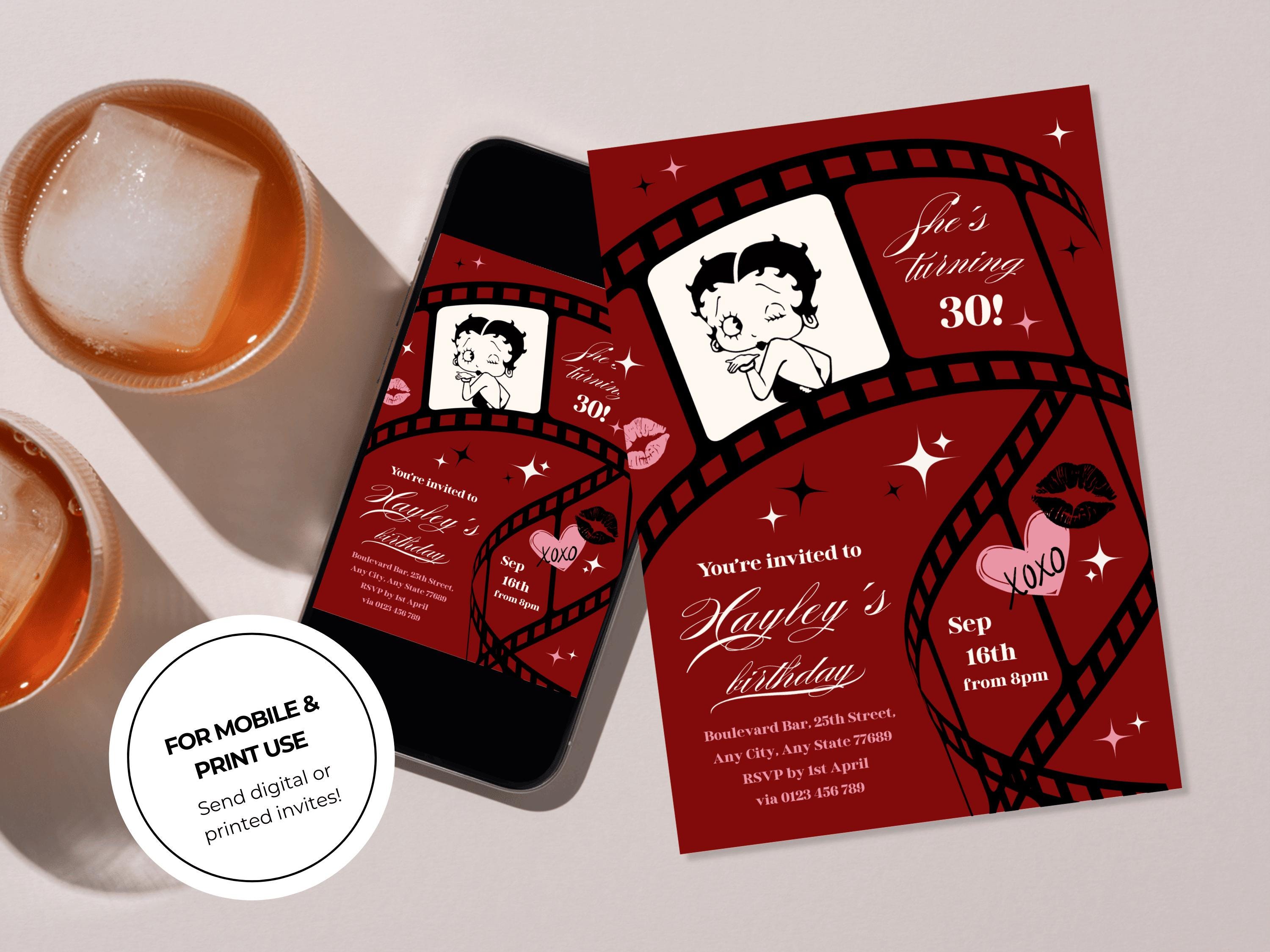 Betty Boop Birthday Invitation Comic Reel Frame | Editable Canva Template Vintage Pop Art Cherry ...