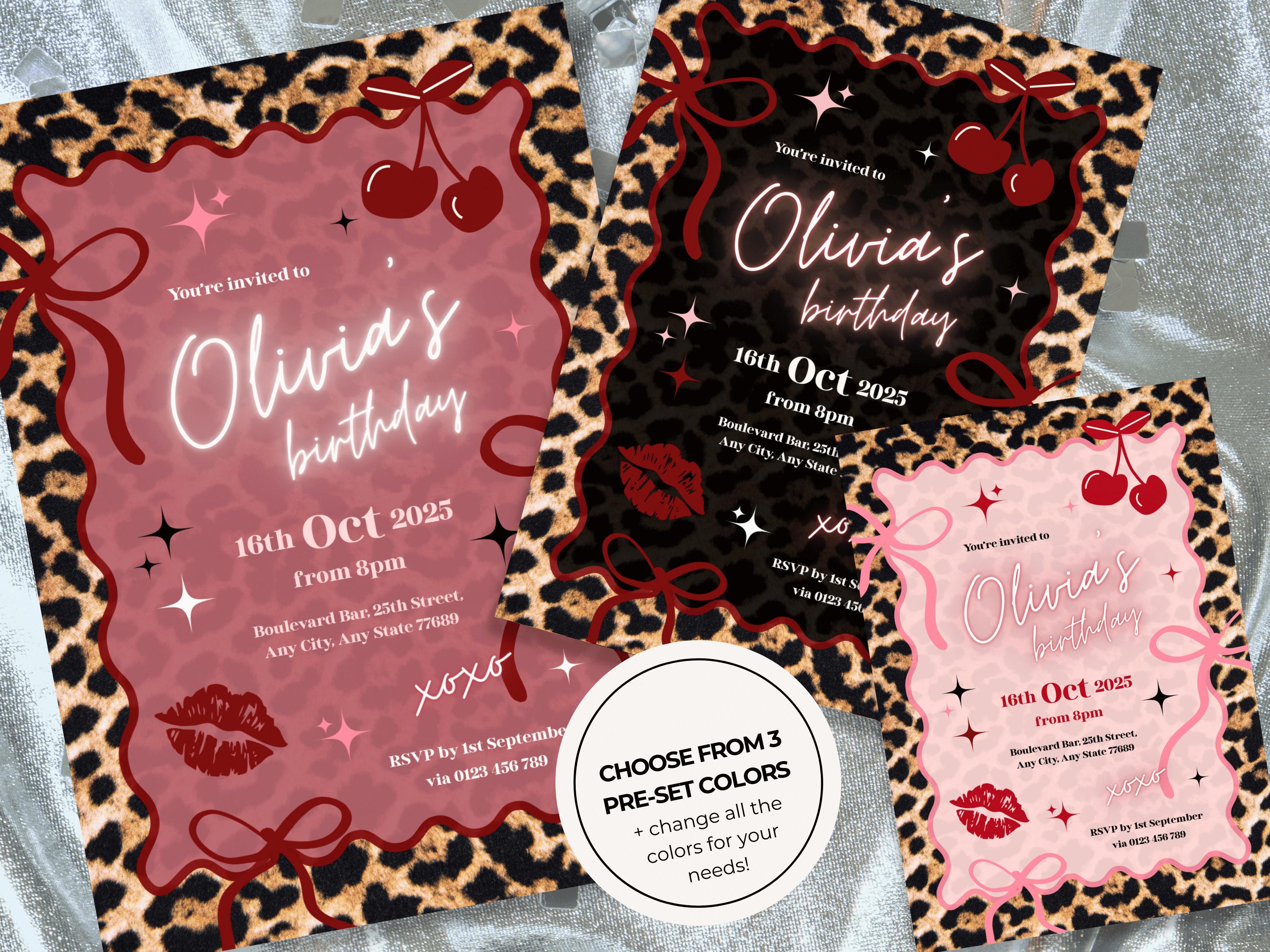 Cheetah Cherries Birthday Invitation: Neon Pink Red Leopard, Glam Girls ...