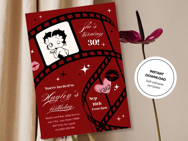 Betty Boop Birthday Invitation Comic Reel Frame | Editable Canva ...