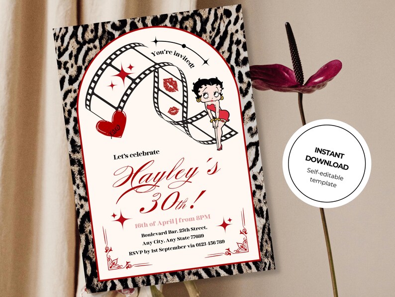 Betty Boop Birthday Invitation: Cheetah Print, Cherry Red & Pink for ...