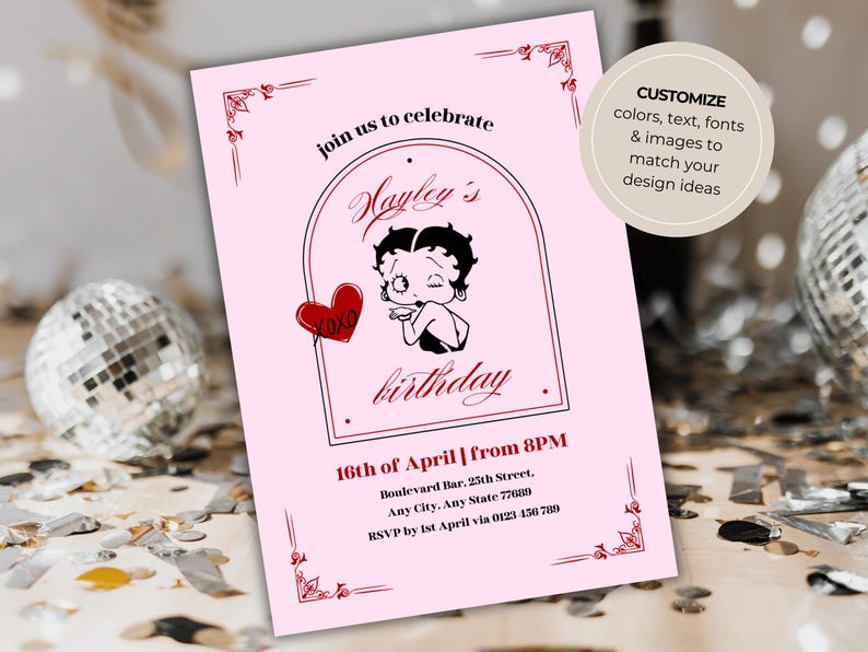 Betty Boop Birthday Invitation: Vintage Pop Art, Red & Pink (digital ...