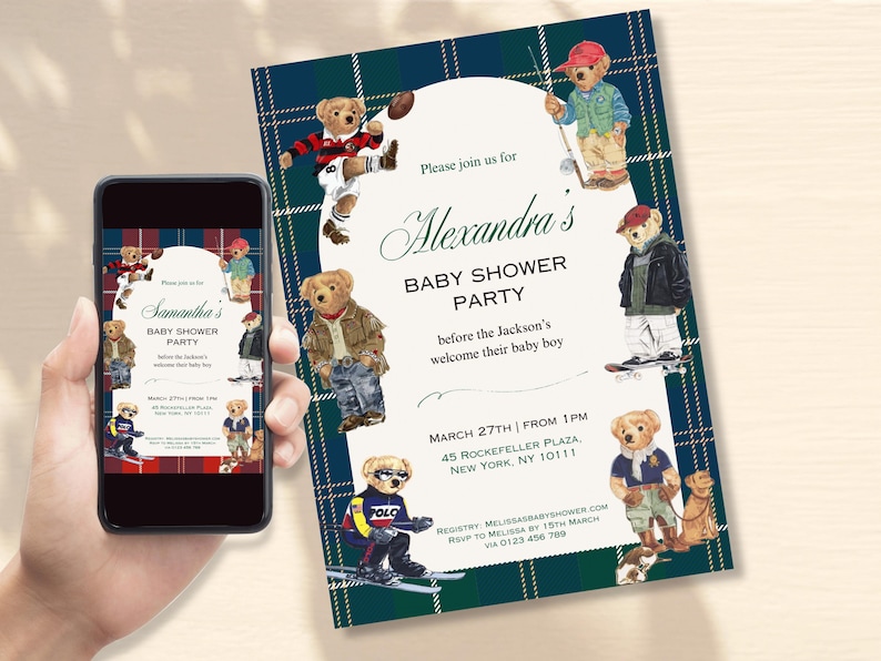 Polo Bear Baby Shower Invitation | Classic Plaid Tartan | Ralph Lauren ...