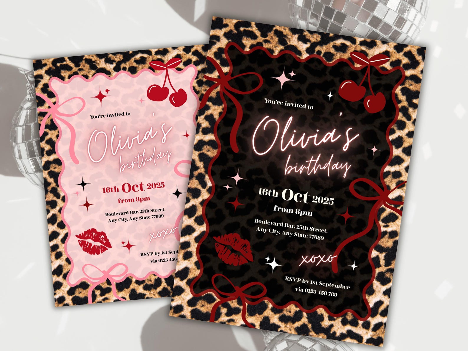 Cheetah Cherries Birthday Invitation: Neon Pink Red Leopard, Glam Girls ...