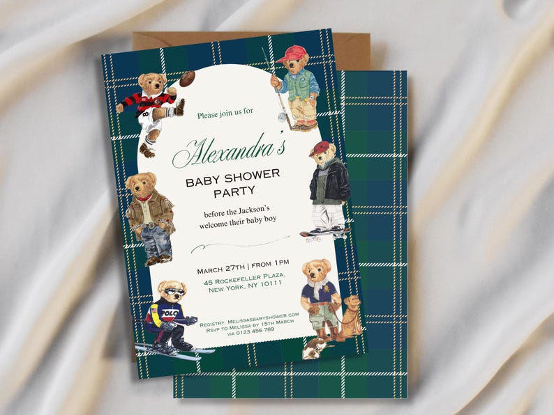 Polo Bear Baby Shower Invitation | Classic Plaid Tartan | Ralph Lauren ...