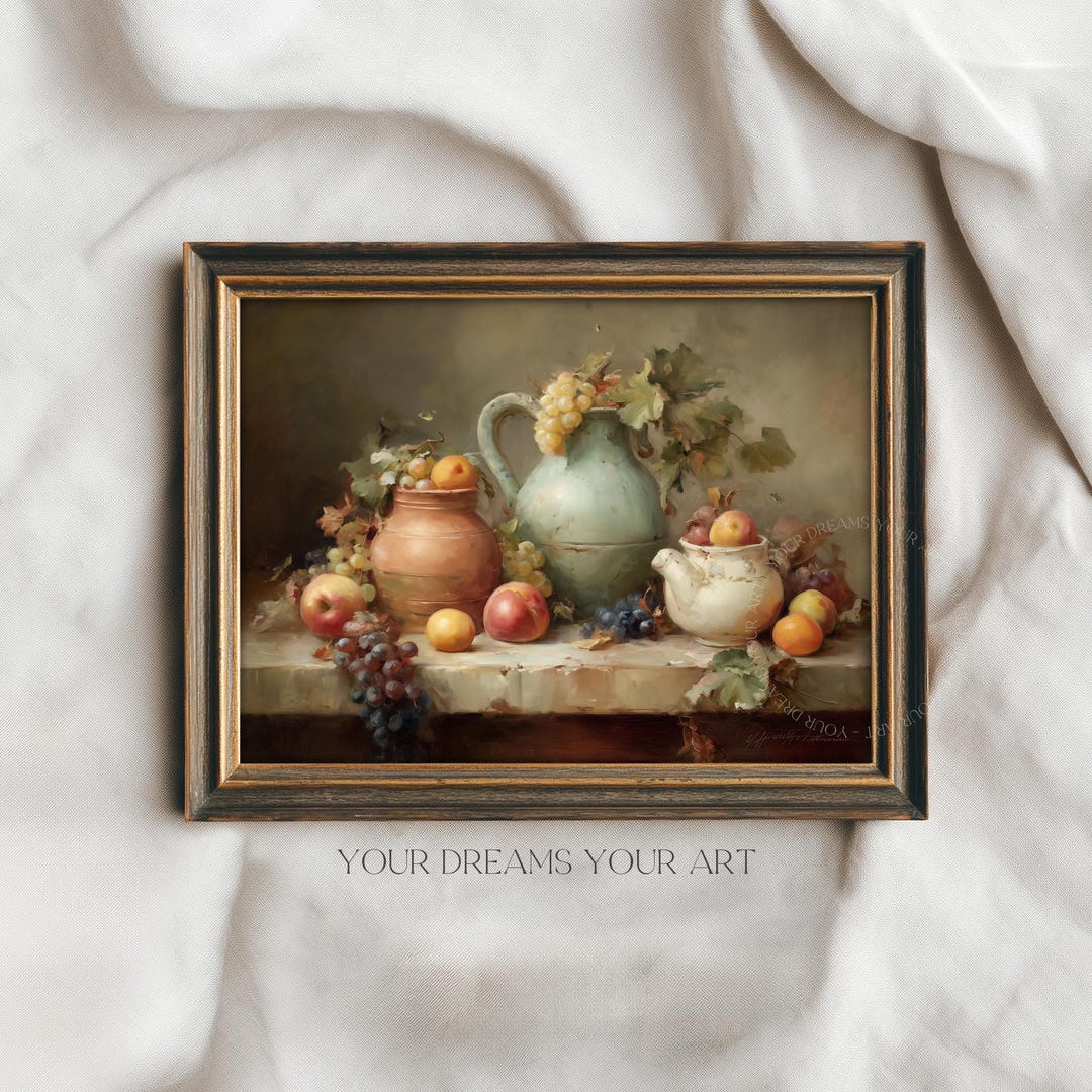 Vintage Pitchers & Fruit Still Life Painting - Classic Farmhouse Wall ...