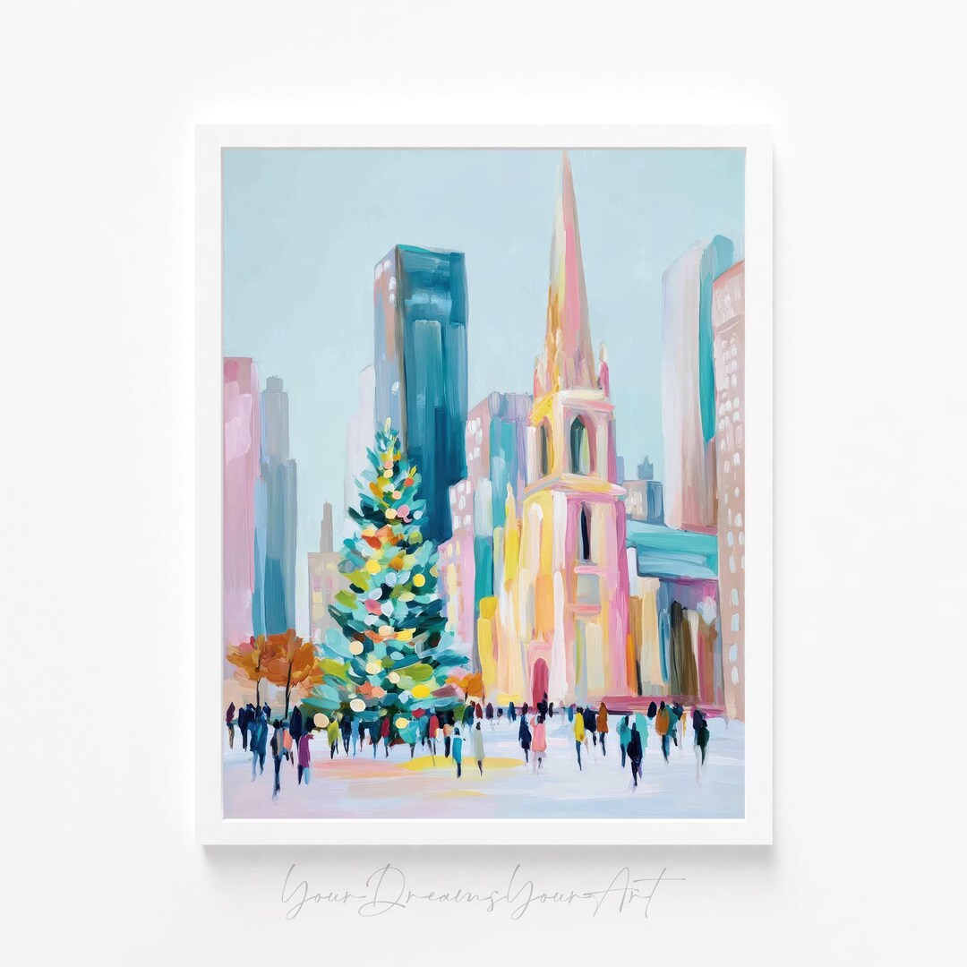 Vibrant Christmas Cityscape Art Print, Festive Urban Holiday Wall Decor ...