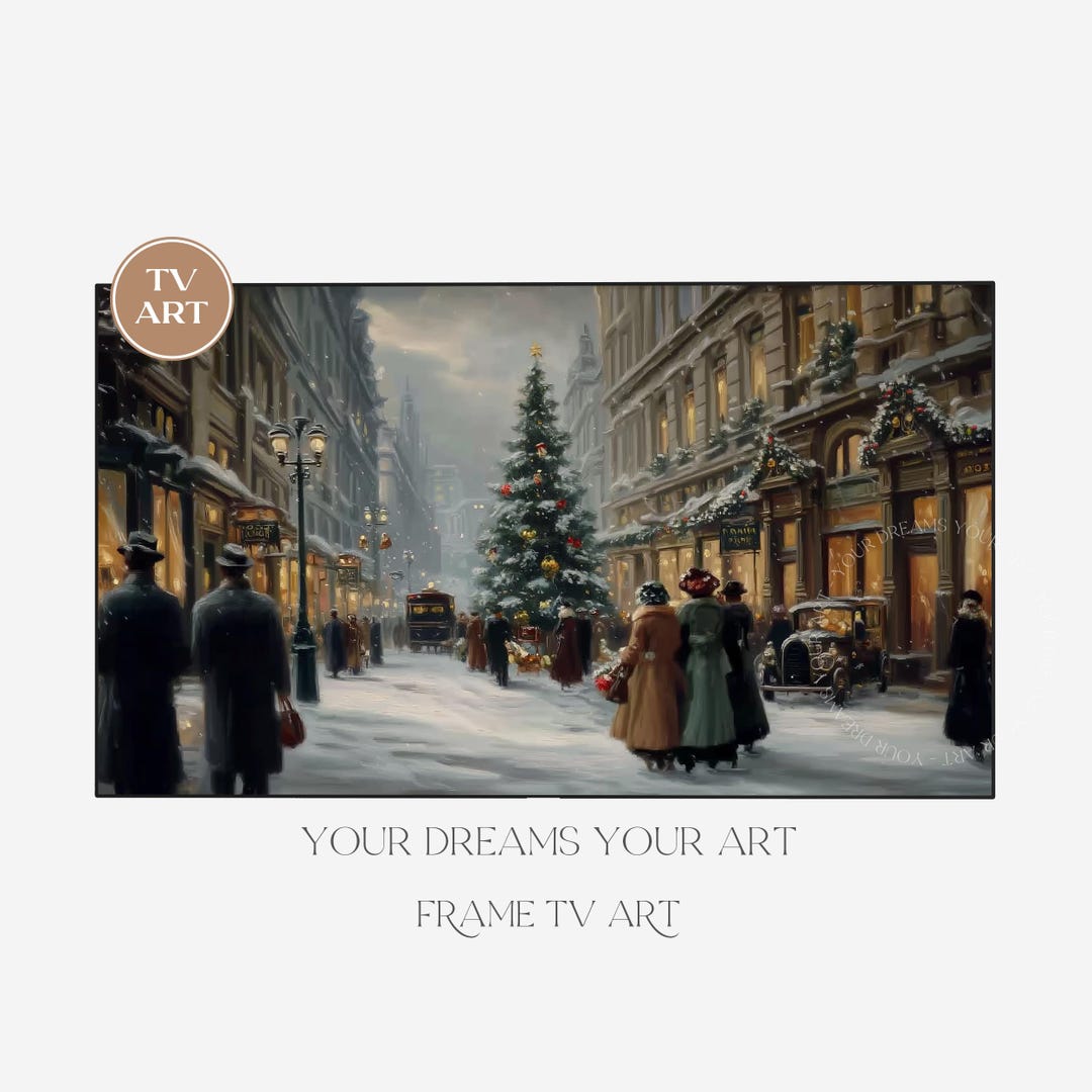 Vintage European Christmas Tree Frame TV Art, Festive Holiday Scene ...