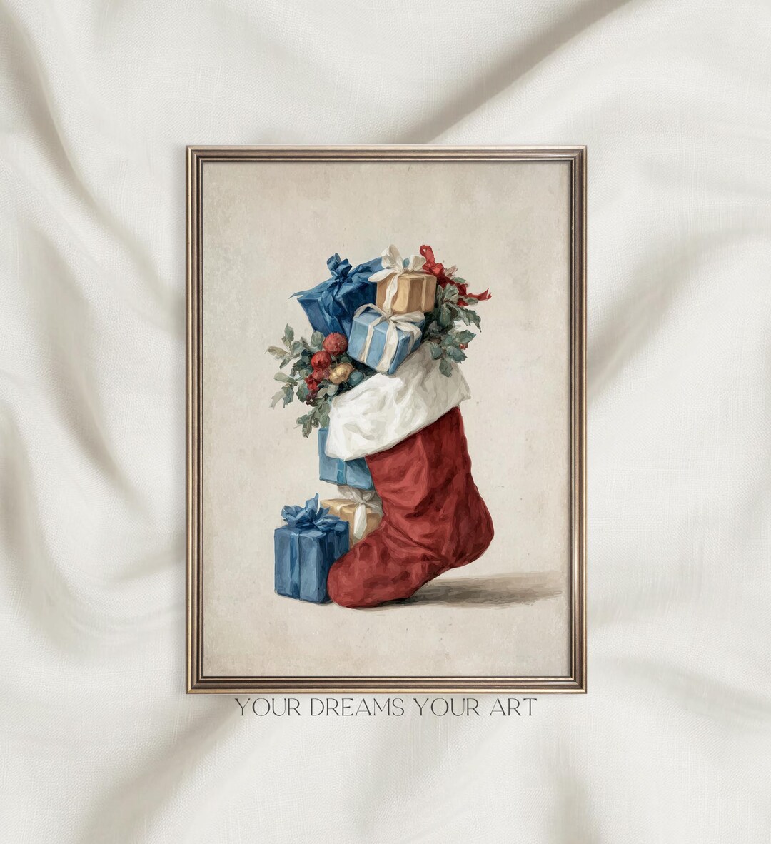 Vintage Christmas Stocking Print, Cozy Red White Rustic Holiday Wall ...