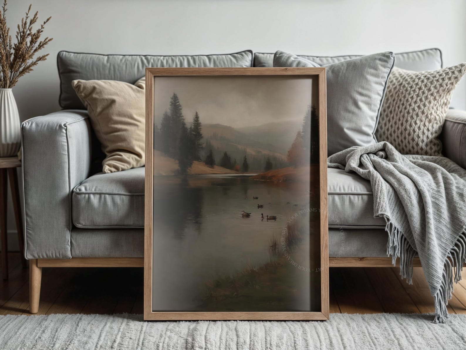 Arte para impressão de paisagem melancólica à beira do lago - Cena ...