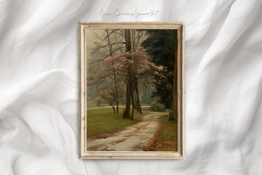 Rustic Woodland Path Landscape - Moody Autumn Forest Art, Vintage ...