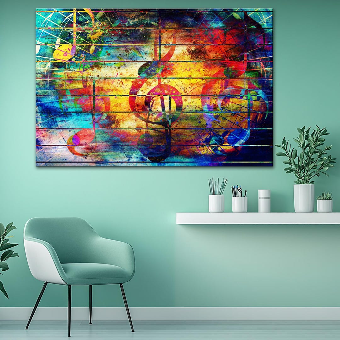 Colorful Musical Abstract Art Vibrant Treble Clef Wall Art Notes Canvas ...