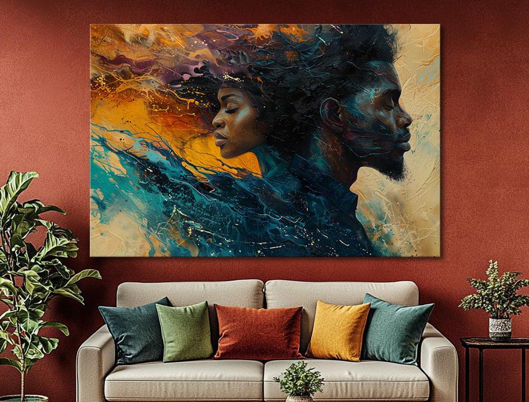Abstract Couple Portrait Art Emotional Afrocentric Wall Decor Unity ...