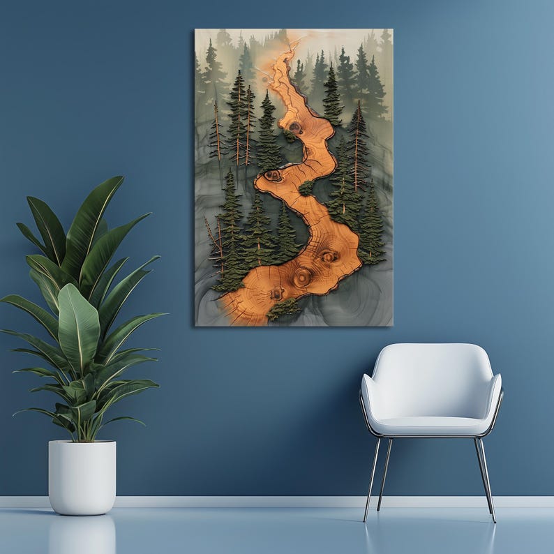 Handmade Rustic River Wood Canvas Art: Forest Landscape, Pine Trees - Etsy
