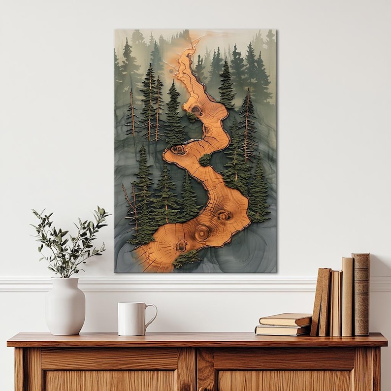 Handmade Rustic River Wood Canvas Art: Forest Landscape, Pine Trees - Etsy