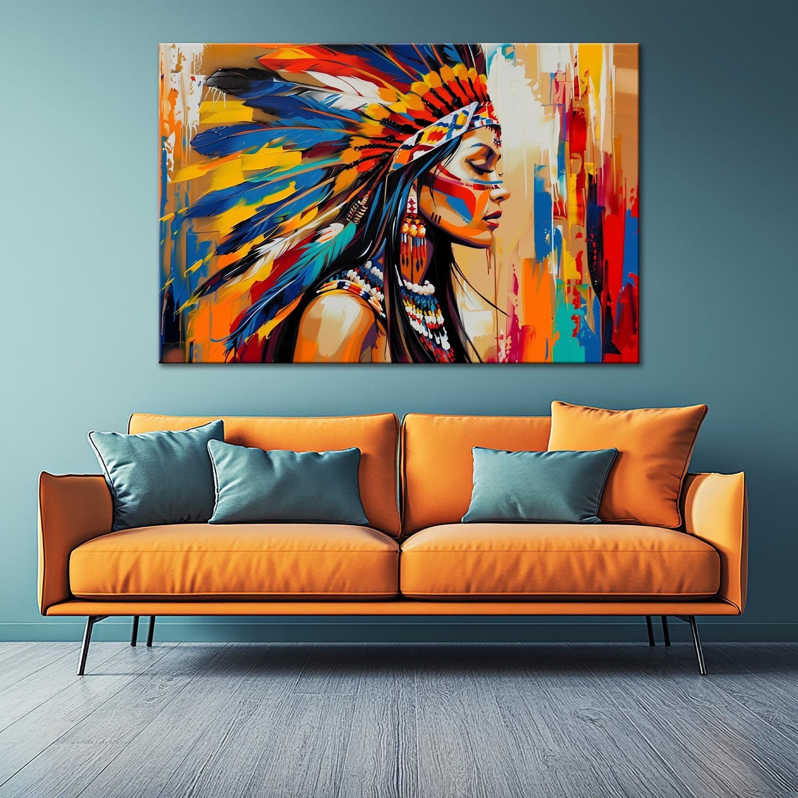 Native American Woman Canvas Print: Tribal Headdress, Boho Wall Decor ...