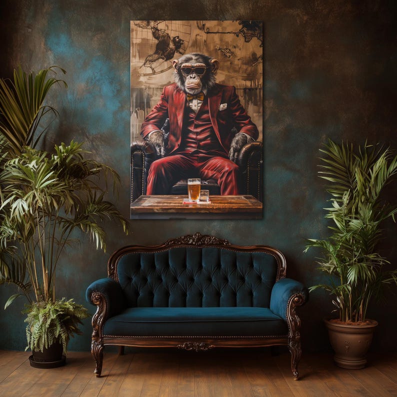 Monkey Gentleman Canvas Print: Funny Animal Portrait, Bar Style Art - Etsy
