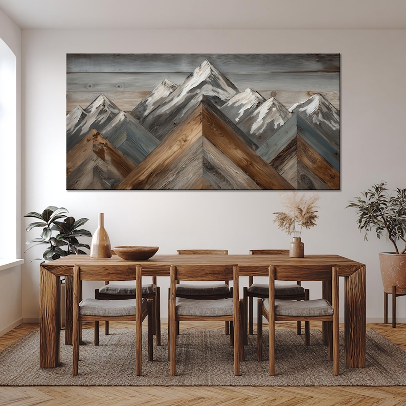 Rustic Mountain Wall Art, Wood Texture Landscape Canvas Print, Modern ...