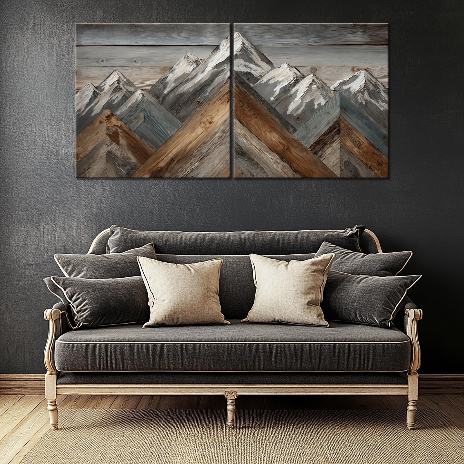 Rustic Mountain Wall Art, Wood Texture Landscape Canvas Print, Modern ...