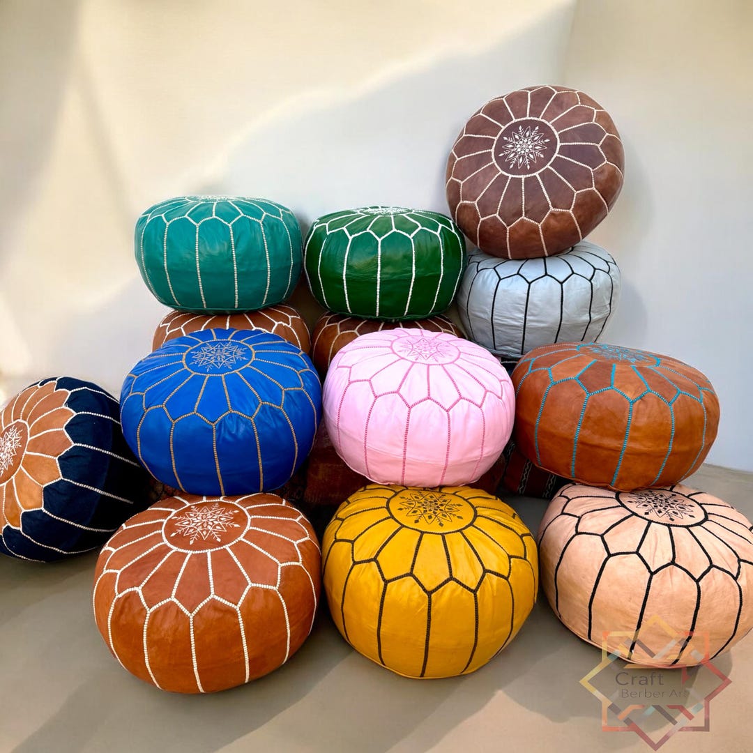 Moroccan POUF **70% OFF** With White Stitching Leather Pouf Ottoman ...