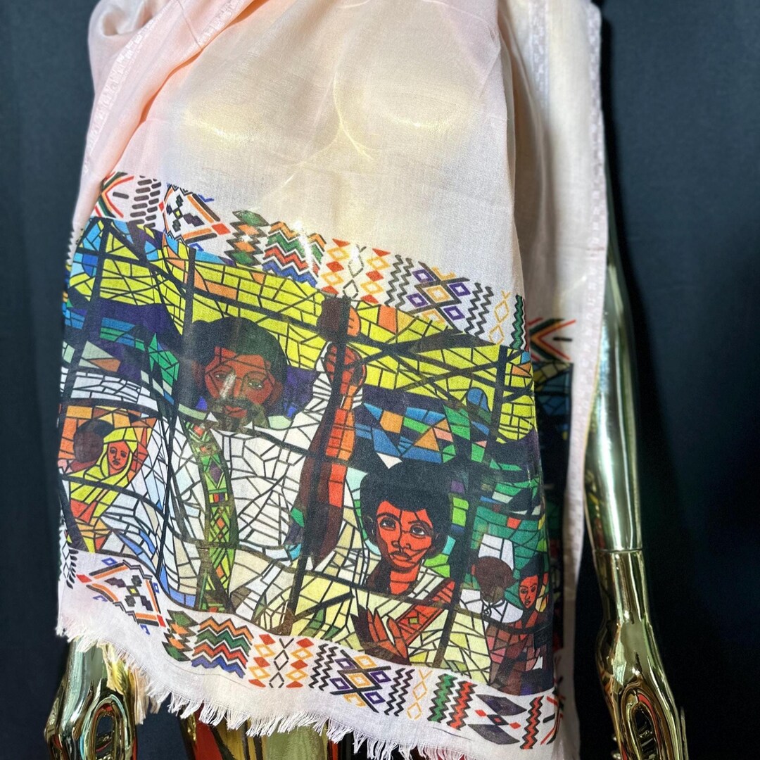 Ethiopian Art Scarf: Habesha Style Afewerk Tekle Print, Elegant Cotton ...
