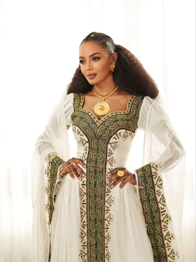 New Custom Made Cultural Habesha Kemis for Women, Olive Green Tilet ...