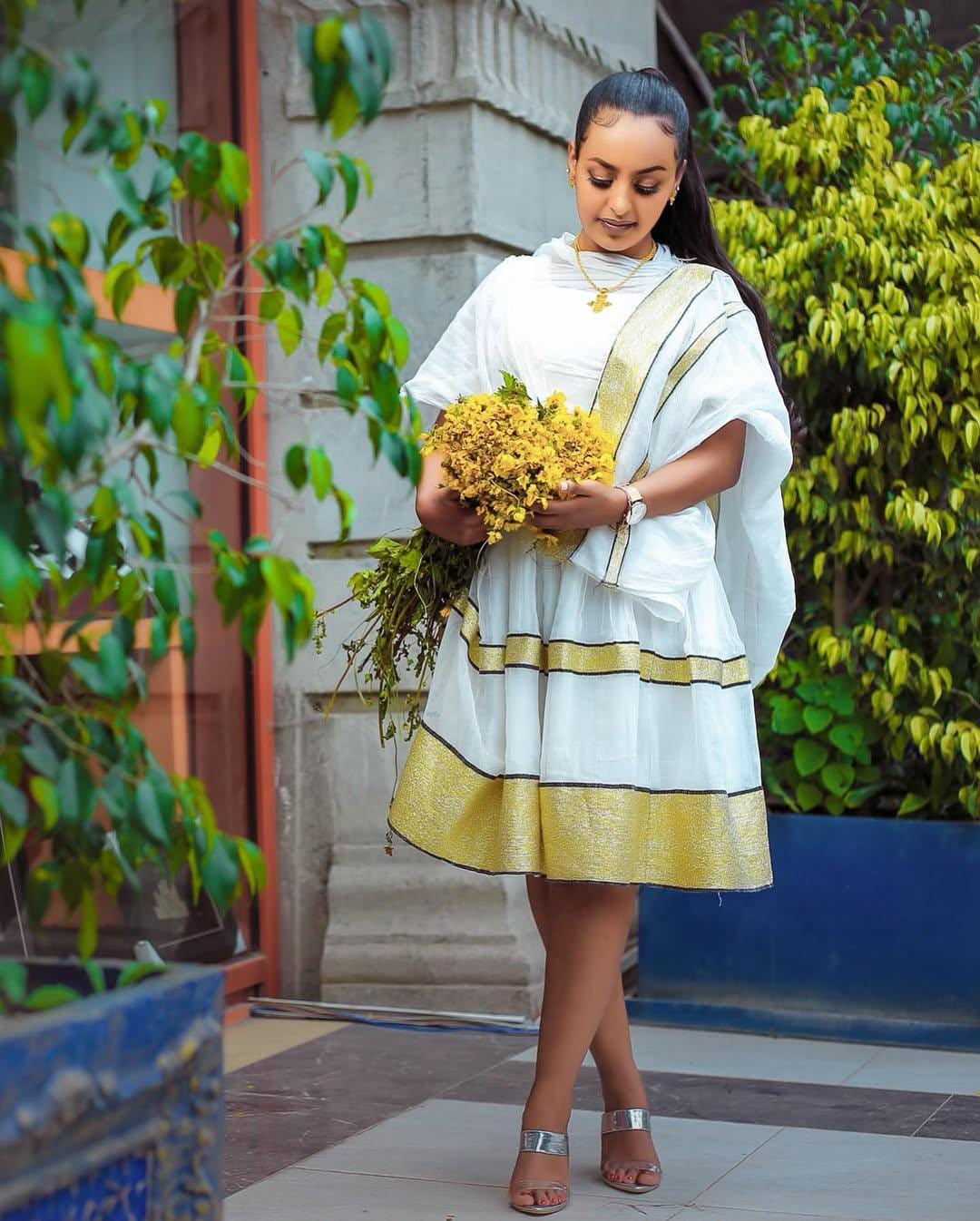 Short Gold Tibeb Habesha Dress for Women, Simple Modern Ethiopian Kemis ...