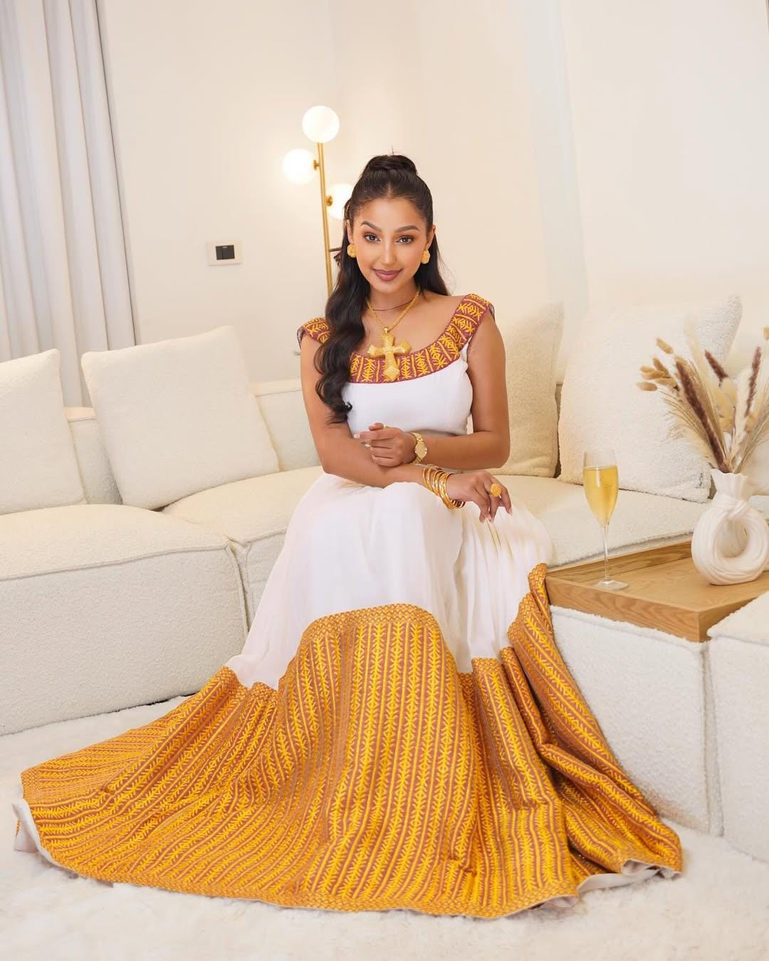 Handmade Yellow Gold Zuria Habesha Kemis: Modern Ethiopian Cultural ...