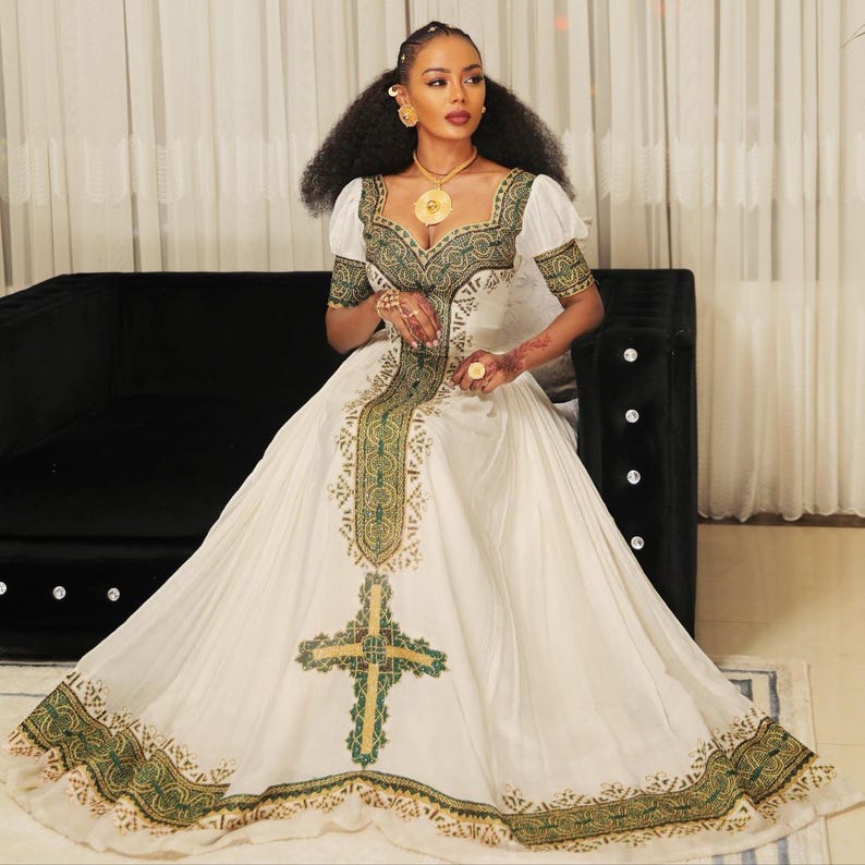 New Custom Made Cultural Habesha Kemis for Women, Olive Green Tilet ...