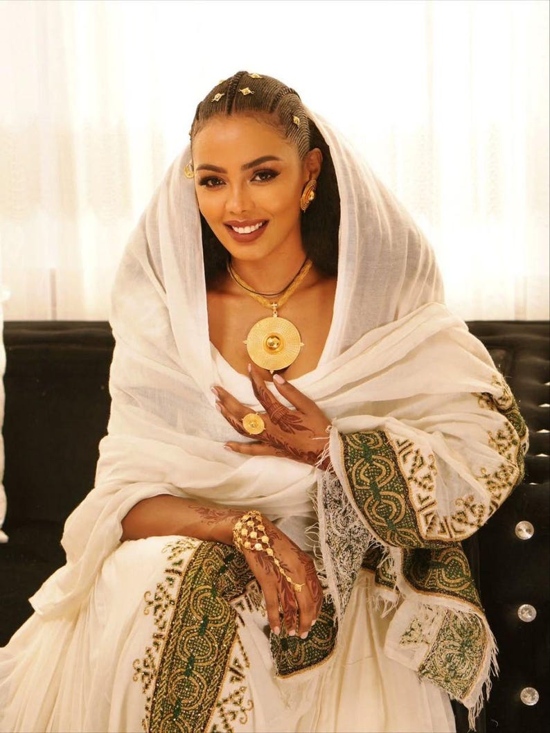 New Custom Made Cultural Habesha Kemis for Women, Olive Green Tilet ...