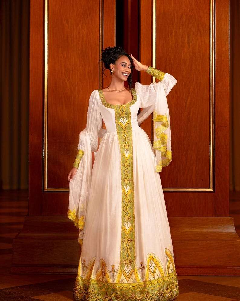 Ethiopian Habesha Kemis, Traditional White & Gold Embroidered Maxi ...