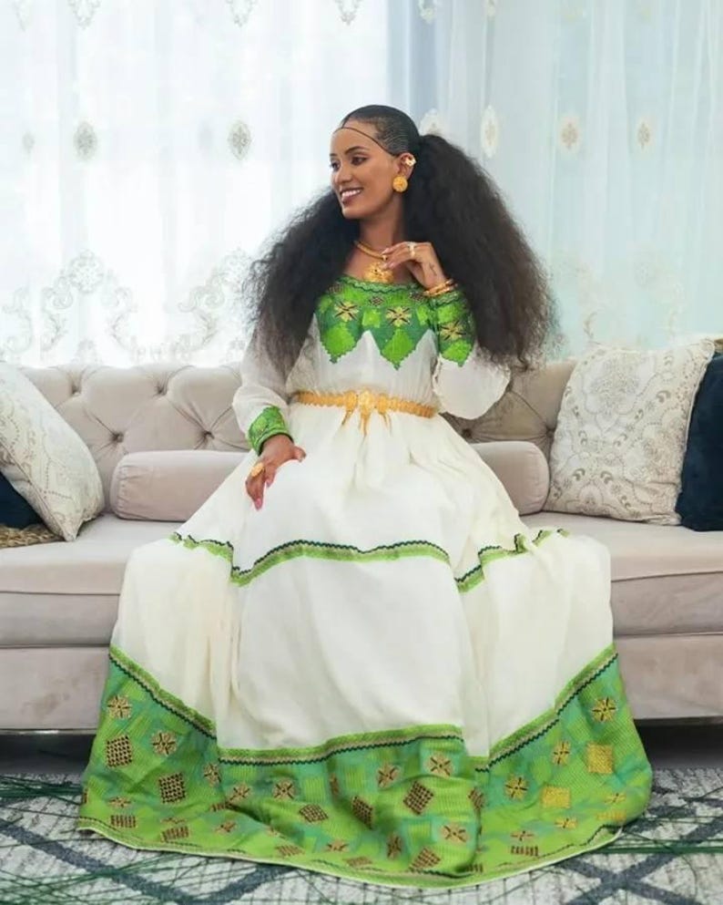Custom Made Zuria Cultural Habesha Kemis for Women, Green Menen ...