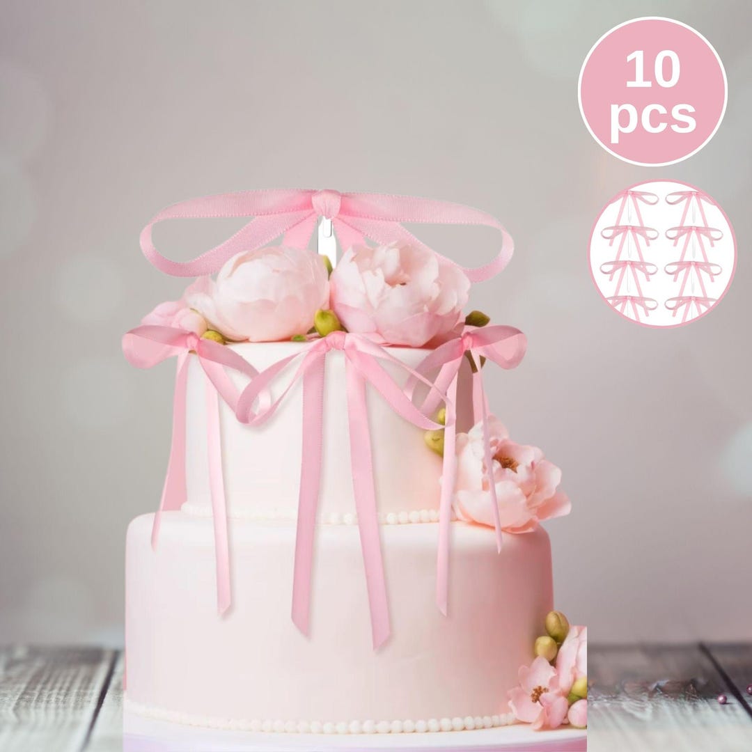 Pink Bow Cake Toppers Set of 10, Ribbon Cake Topper, Pink Party, Baby ...