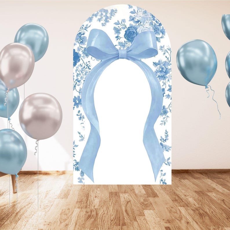 Blue Bows Florals Arch Photo Backdrop, Birthday Party Baby Shower ...