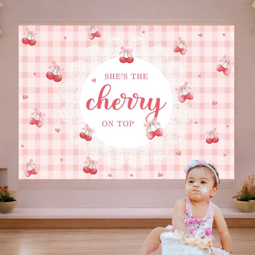Cherry Happy Birthday Backdrop, Pink Grid Cherries Party Decor, Girl ...