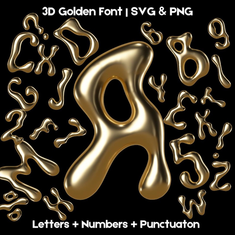3D Golden Liquid Chrome Font SVG PNG, Metallic Alphabet, Melting ...