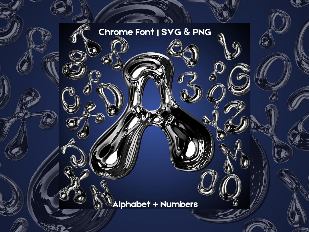 Bubbly Letters & Numbers, Chrome Font SVG PNG, Metallic Alphabet ...