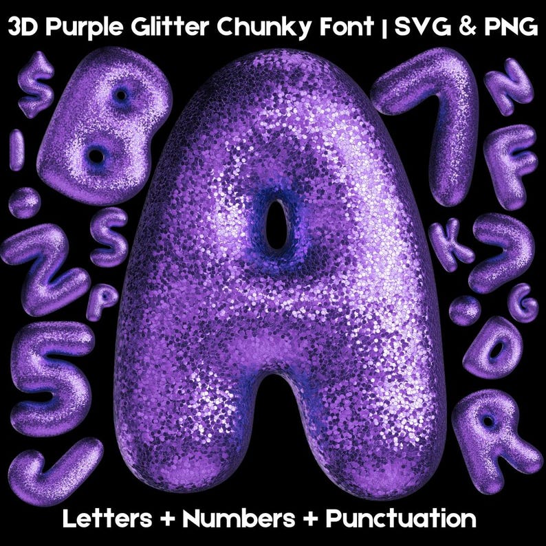 3D Purple Glitter Bubbly Font SVG PNG, Glitter Letters, Christmas ...