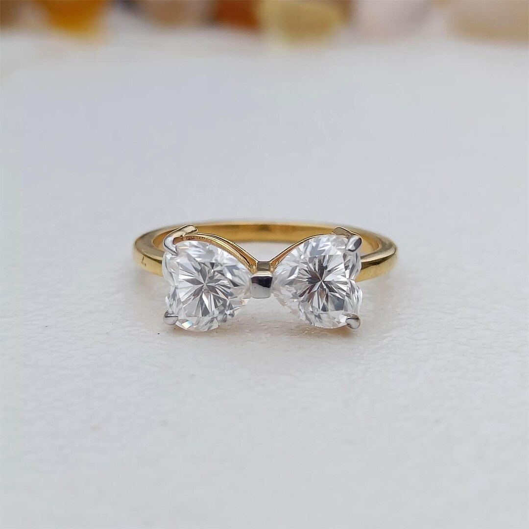Two Stone Heart Shape Lab Grown Diamond Engagement Ring, Bow Tie ...