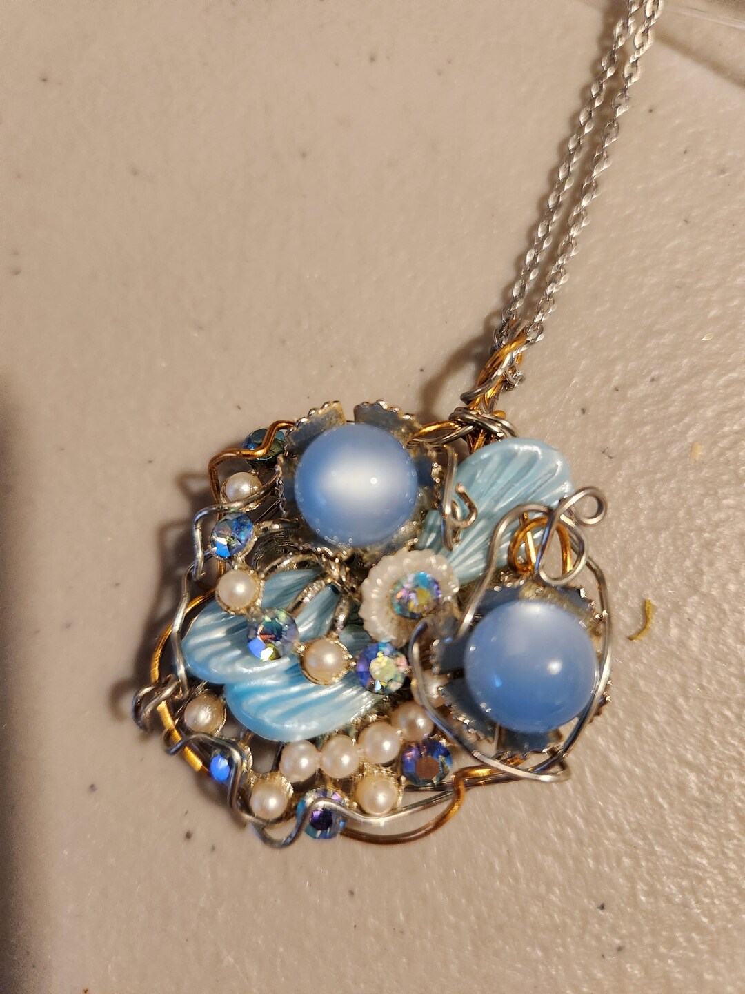 Vintage Blue Multimedia Broach Wire Wrapped Into a Pendant With 18 ...