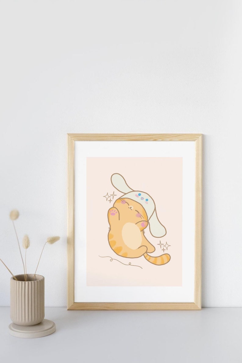 Printable Kawaii Cat Wall Art Cute Orange Cat Digital Download Bunny ...