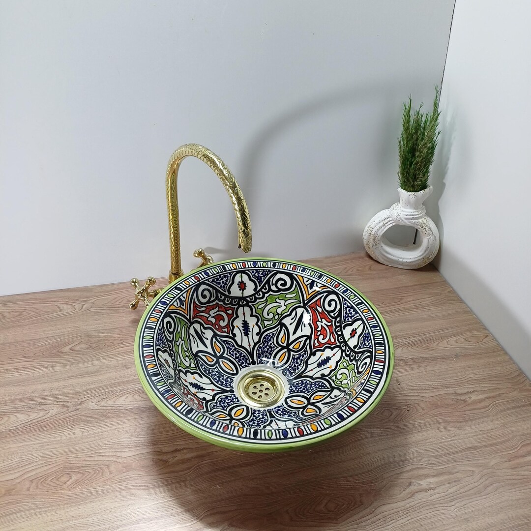 Colorful Moroccan Ceramic Sink – Hand-painted Round Washbasin With Red ...
