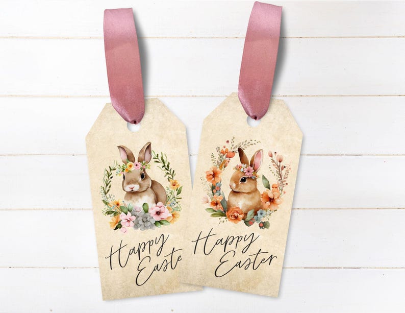 Vintage Bunny Easter Gift Tags in Floral Wreath Design - Etsy