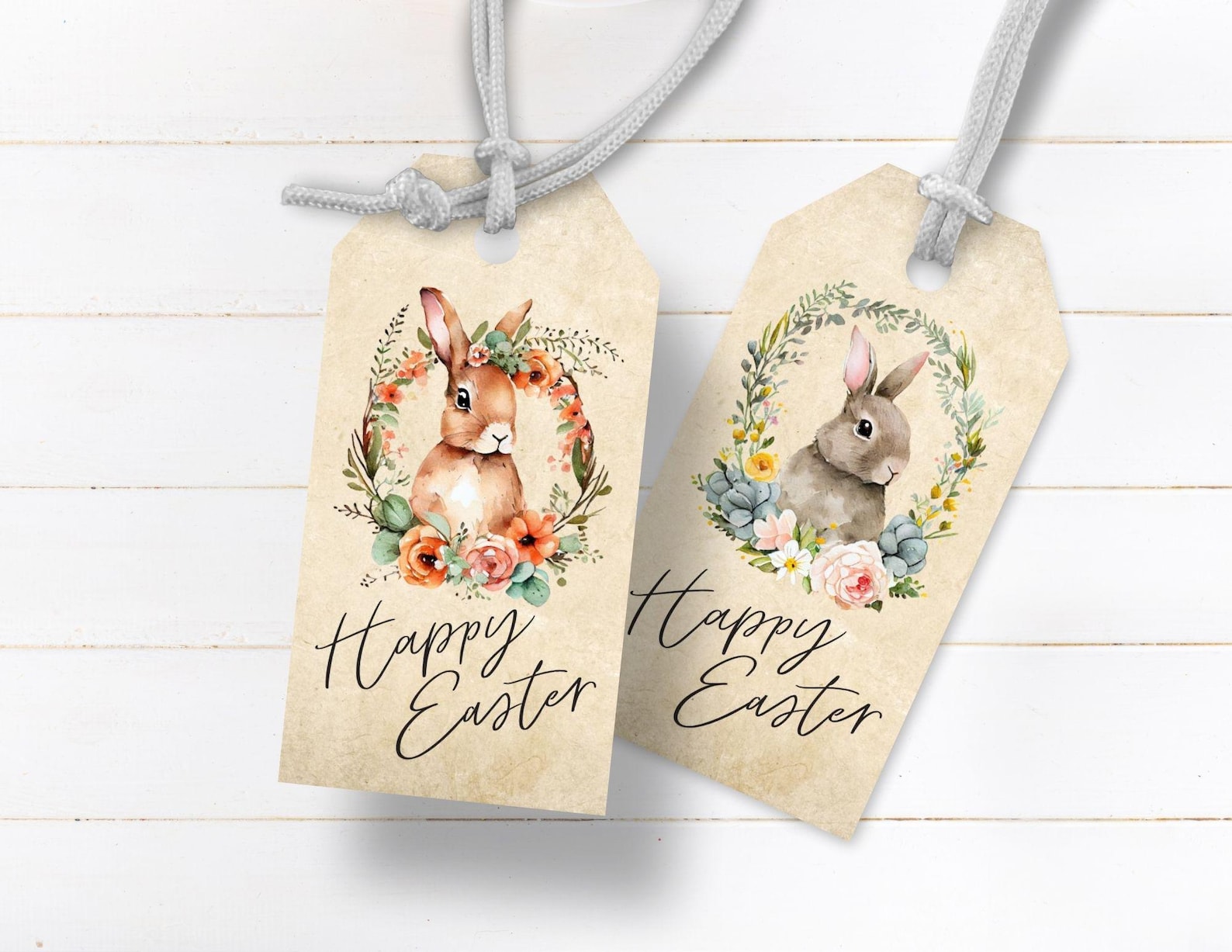 Vintage Bunny Easter Gift Tags in Floral Wreath Design - Etsy
