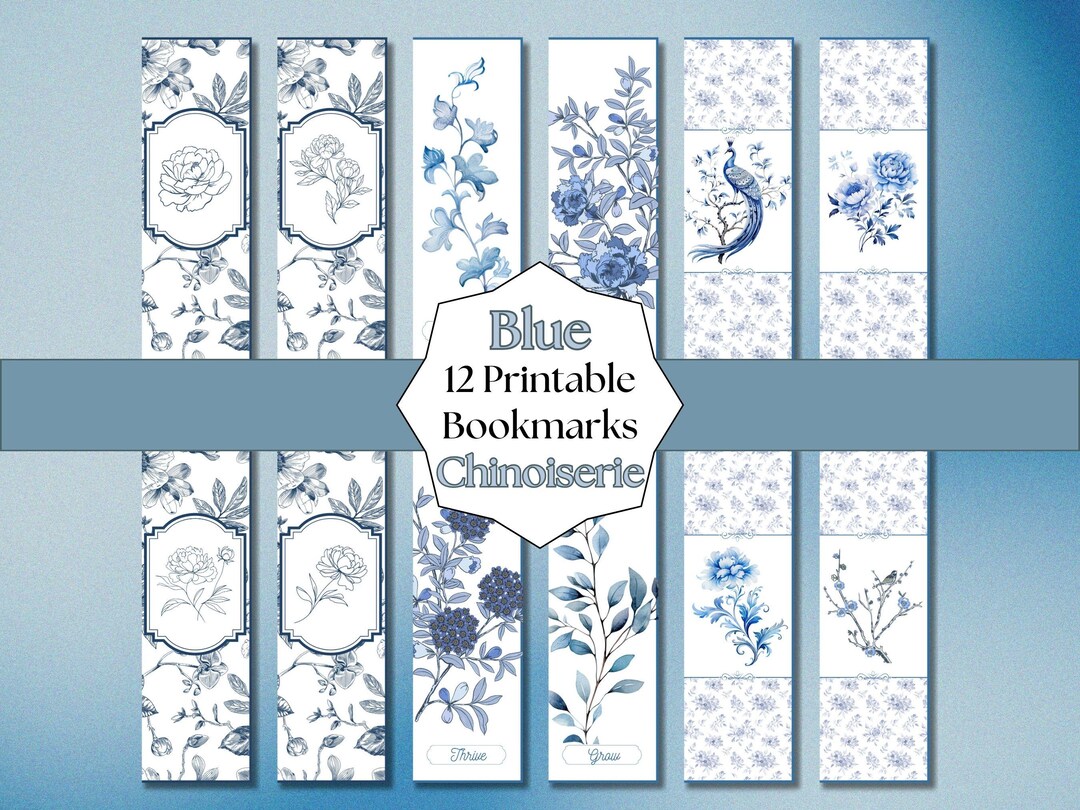 Blue Toile Bookmarks, Floral Chinoiserie, Printable Bookmark Set ...